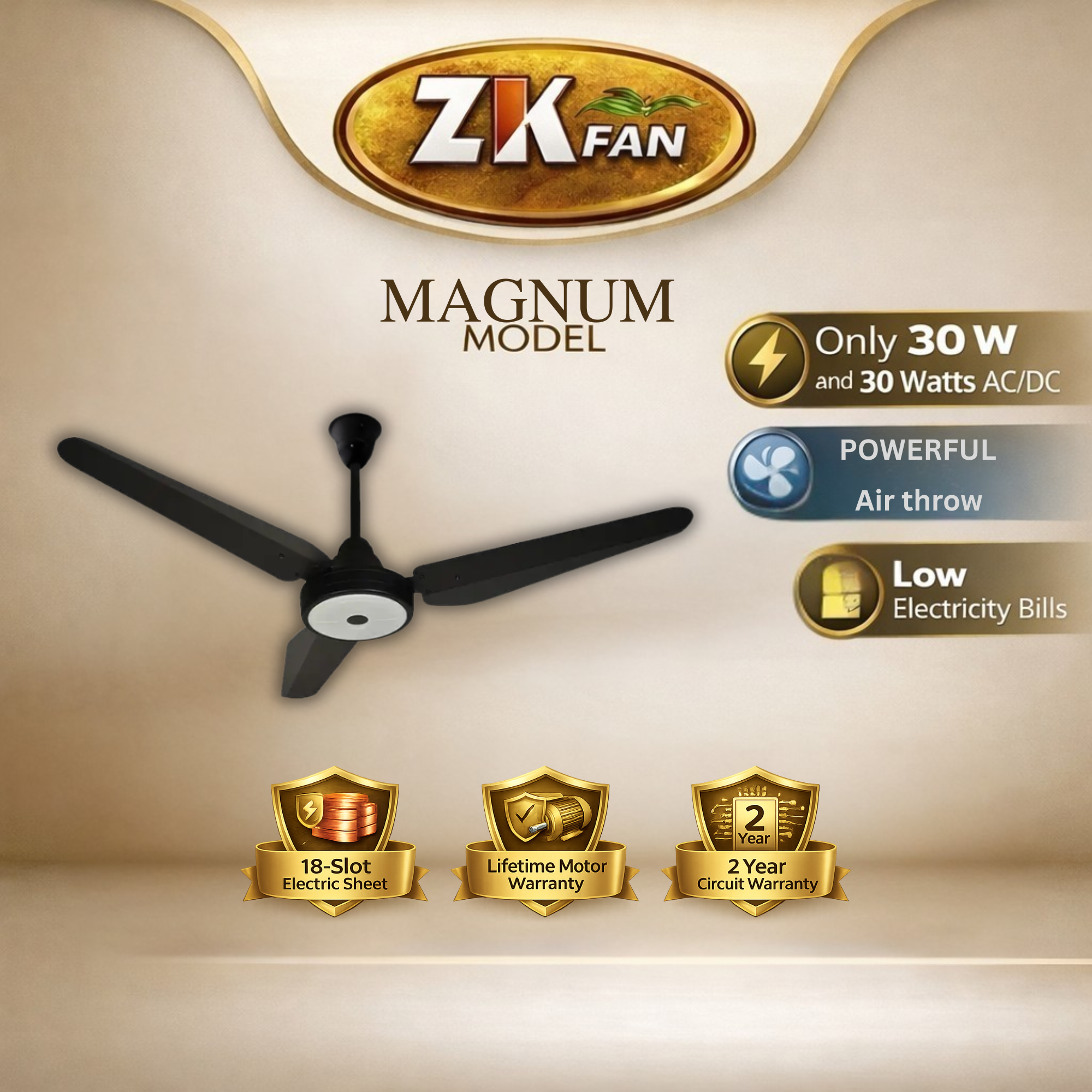 ZK Fans Pakistan | 30 Watt Energy Saving Ceiling Fans | AC DC Fans